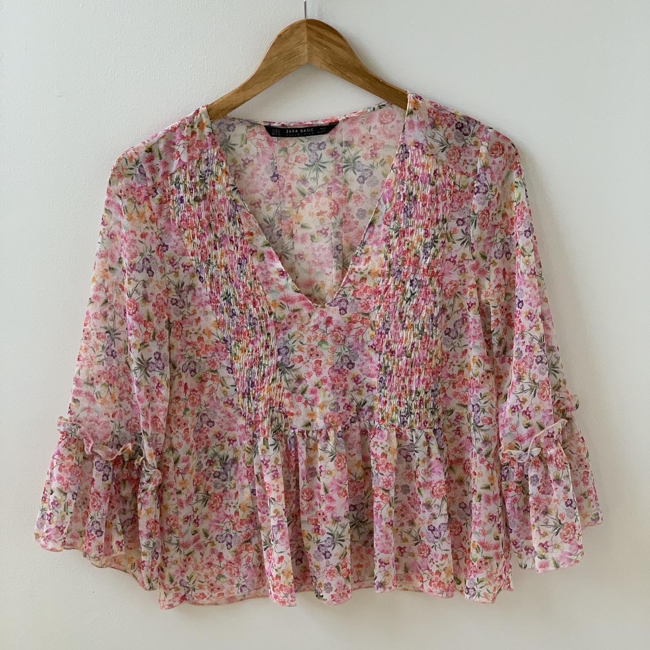 Pink small floral Zara blouse. Cottage core or boho... - Depop