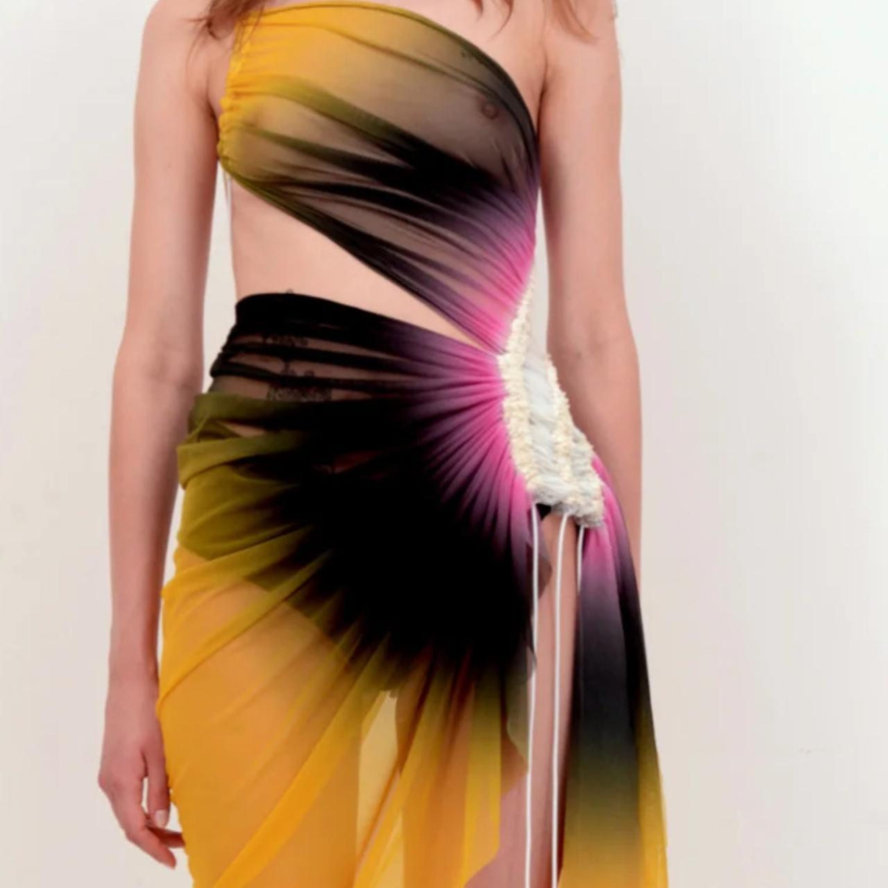 FAL-ASH SIGNATURE MINI MESH DRESS IN YELLOW/PINK.... - Depop