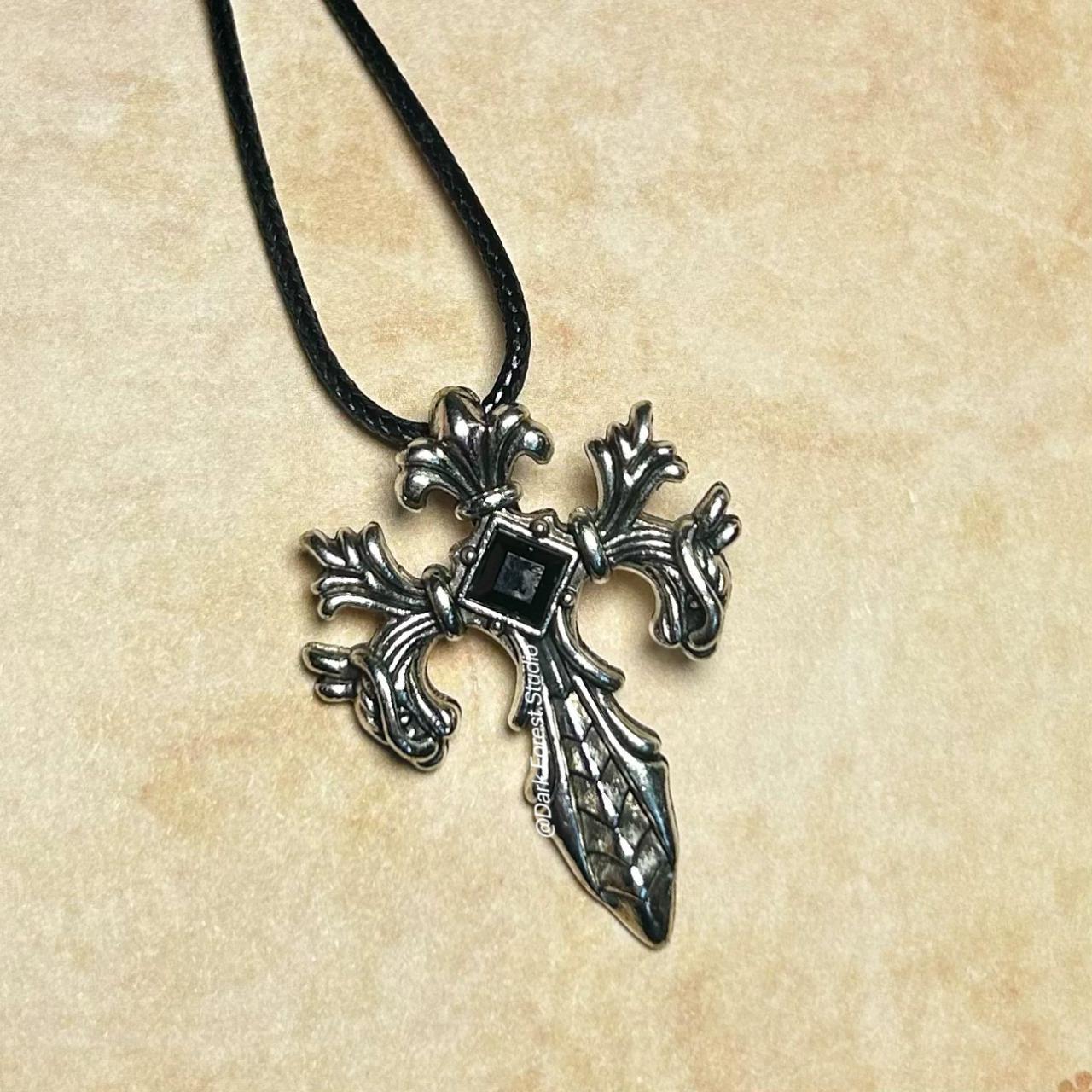 Heavy Metal Style Cross Symbol with Black Square Gem... - Depop
