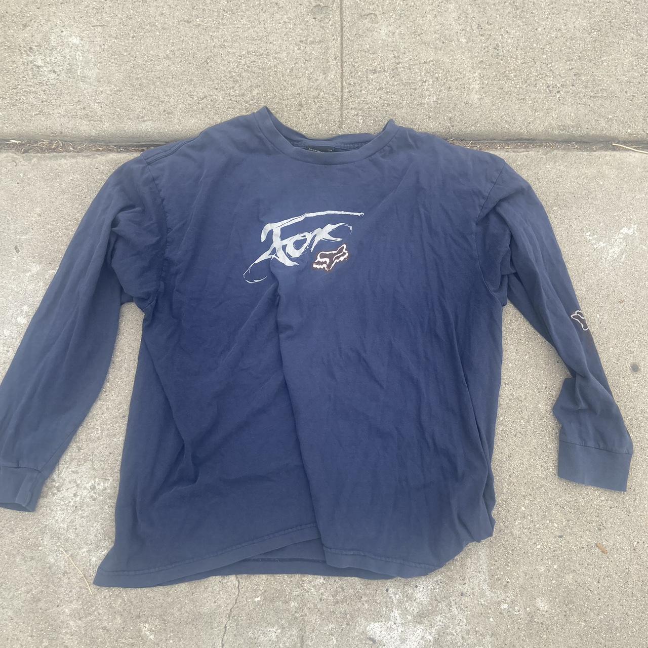 Navy Fox Racing long sleeve shirt with a worn look... | Depop