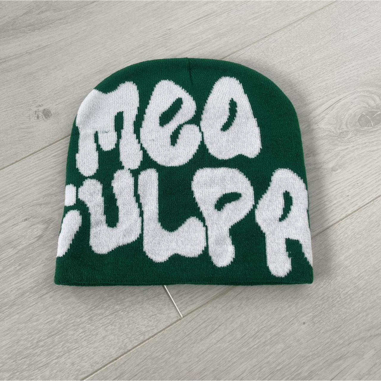 GREEN BEANIE HAT Brand new Mea Culpa writing One... - Depop