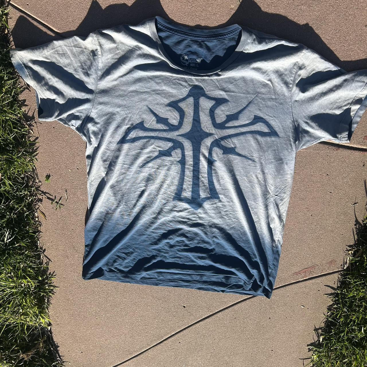 super comfy y2k stencil tee. gradient blue with a... | Depop