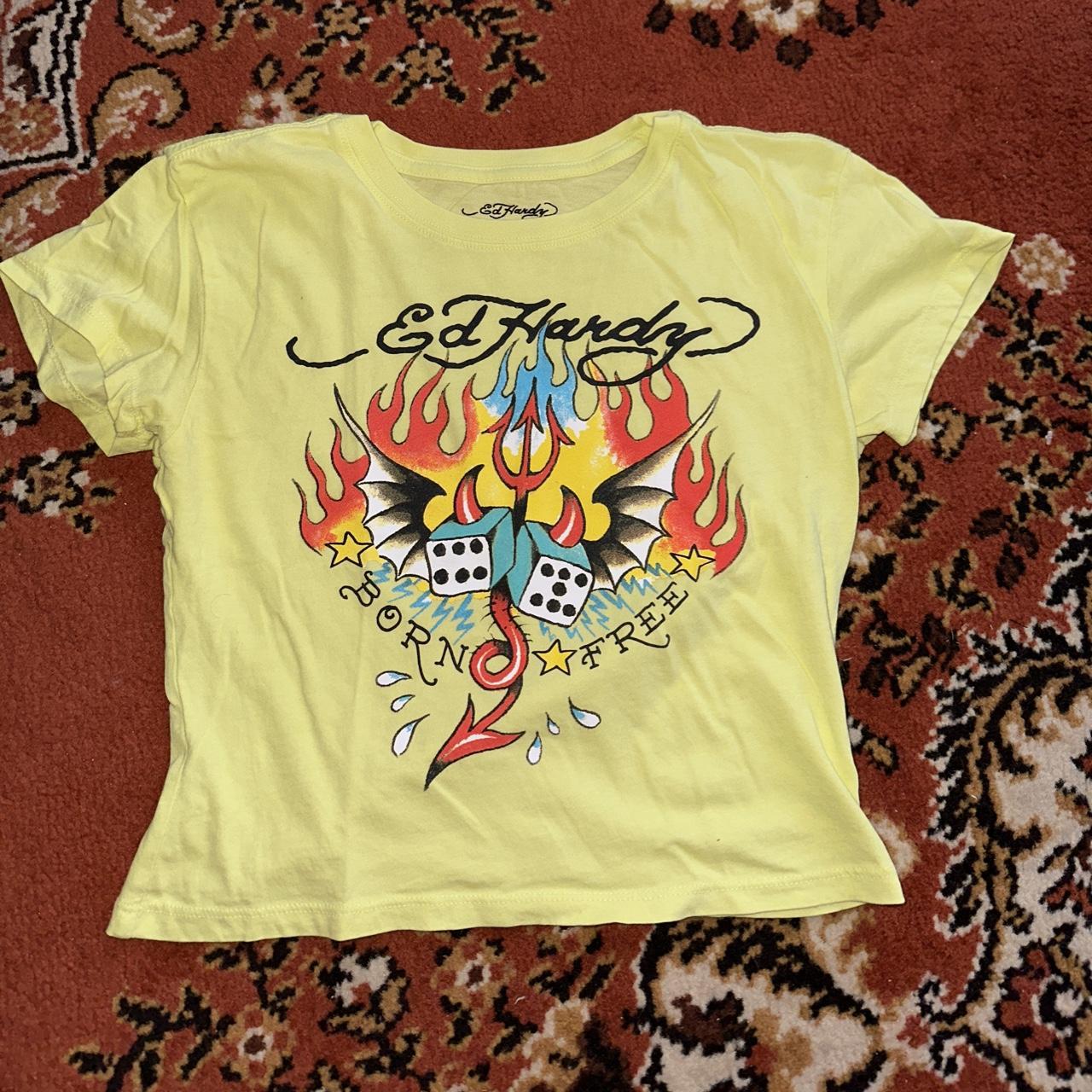 Women’s Ed Hardy baby tee -neon greenish/yellow... - Depop
