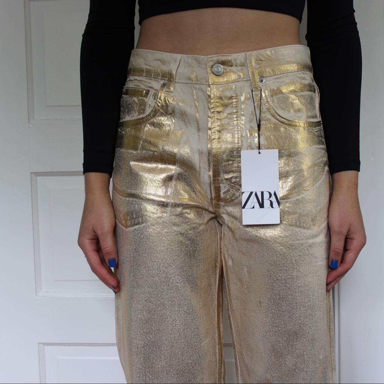 Zara - limited edition gold pants with tags - size 6 - Depop