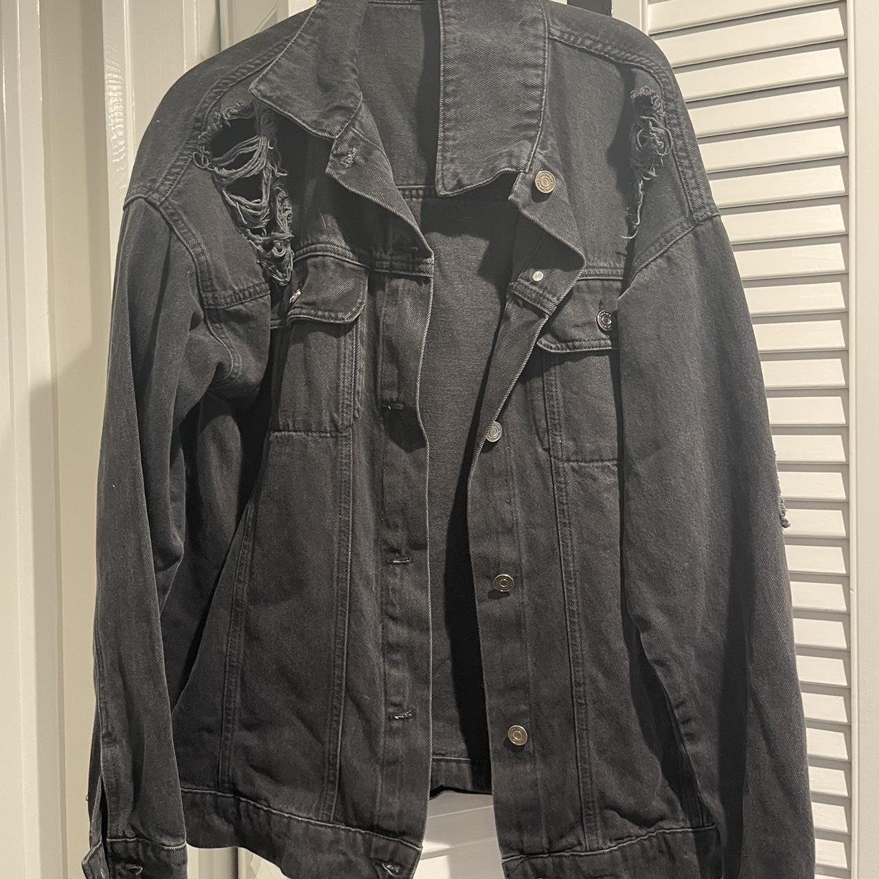 Oversized black distressed jean jacket - Depop