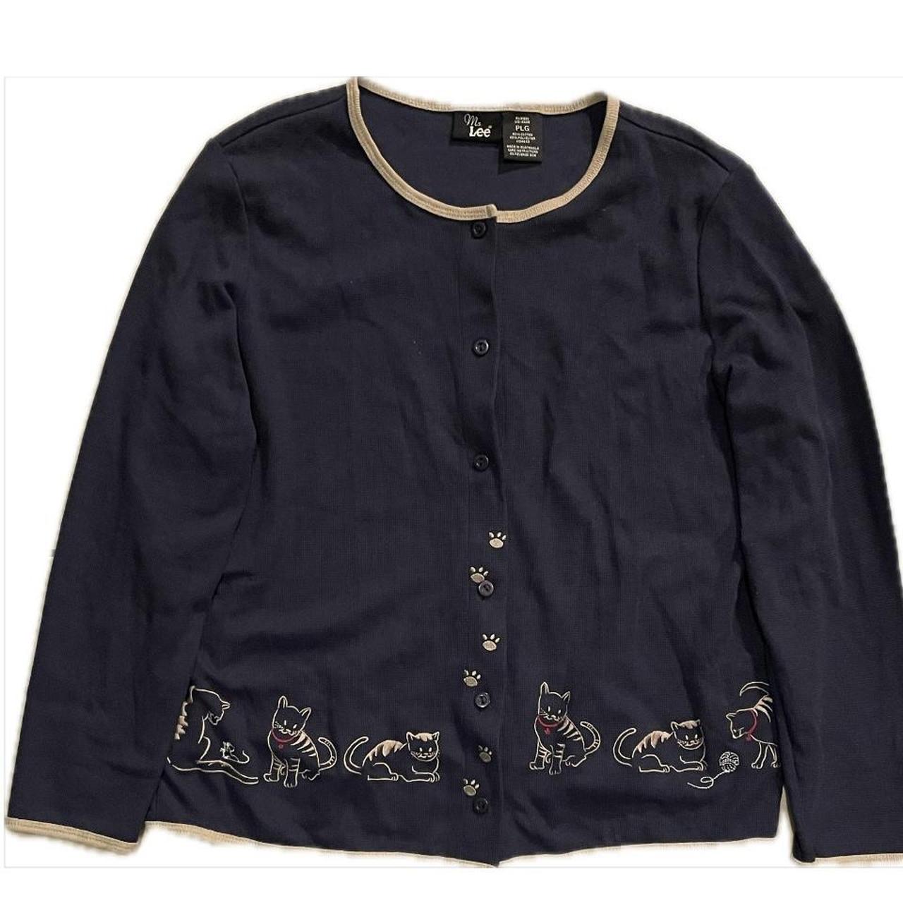 Navy blue cat print cardigan with embroidered cats... - Depop
