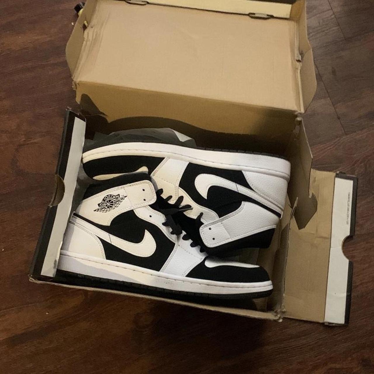 Jordan 1 mid white and black tuexdo Box is more worn... - Depop