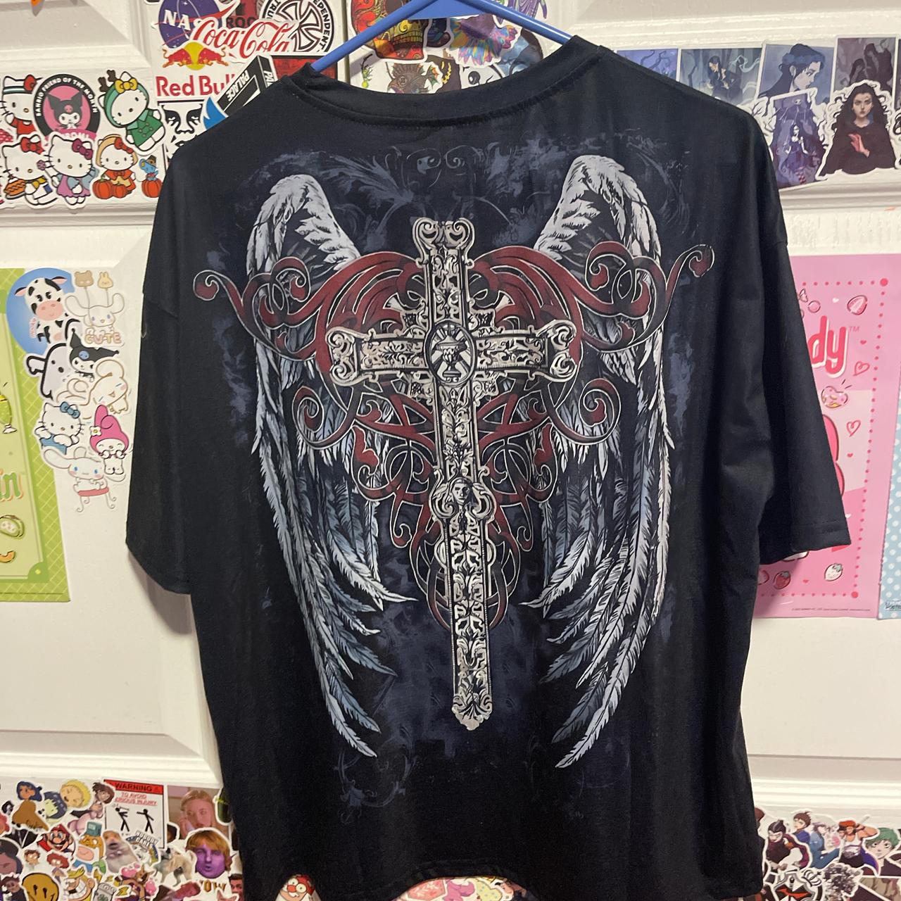 🖤 ️ cool fake Affliction shirt with a cross and wings... - Depop