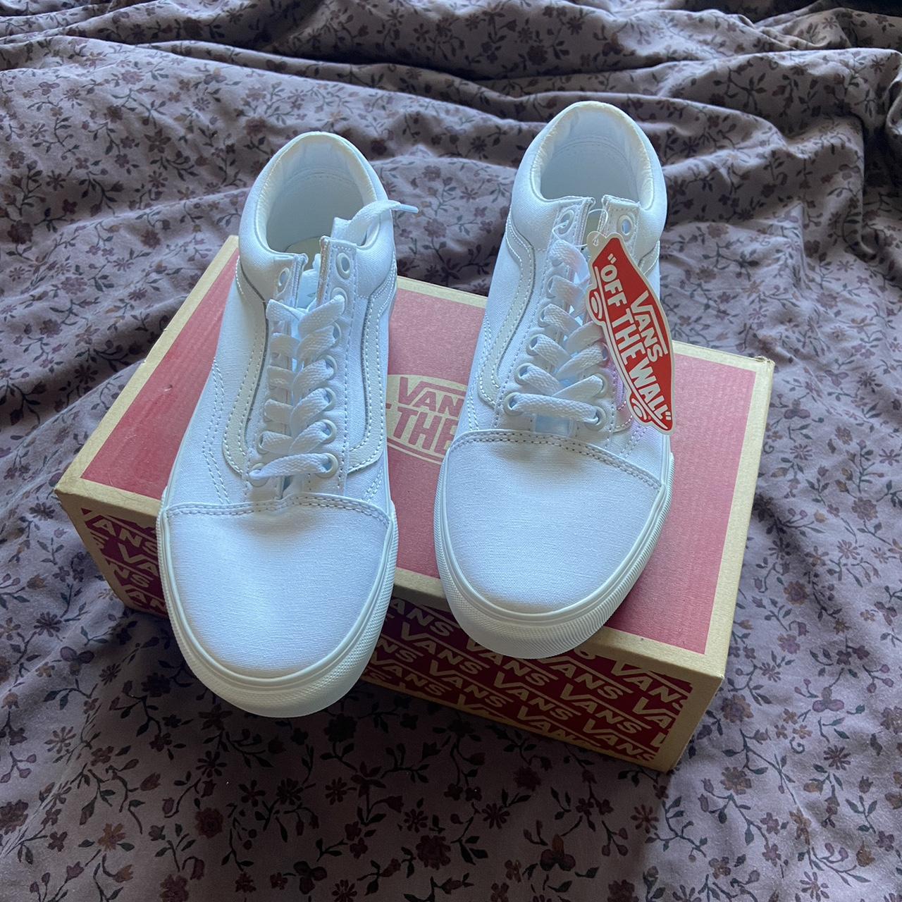 Brand new, with tags. White, size 7, Old Skool Vans. - Depop