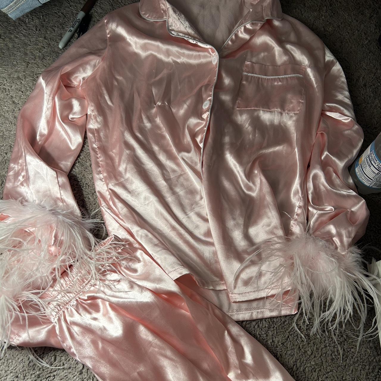 Light pink pj set silk w fluffy white on bottoms of... - Depop