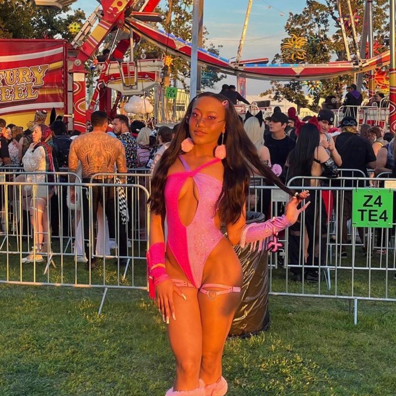 Pink and purple Cheshire Cat inspired rave bodysuit... - Depop