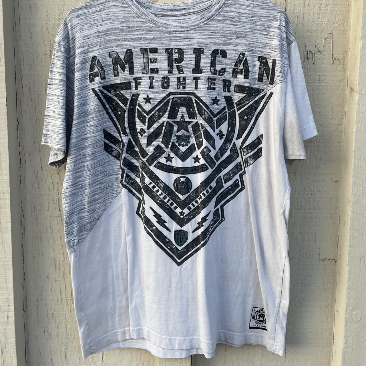 Grey and white American Fighter tee it’s a size L... - Depop