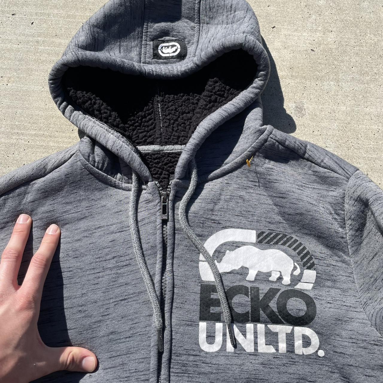 Cool Y2K Ecko zip up hoodie with a cool sleeve hit... - Depop
