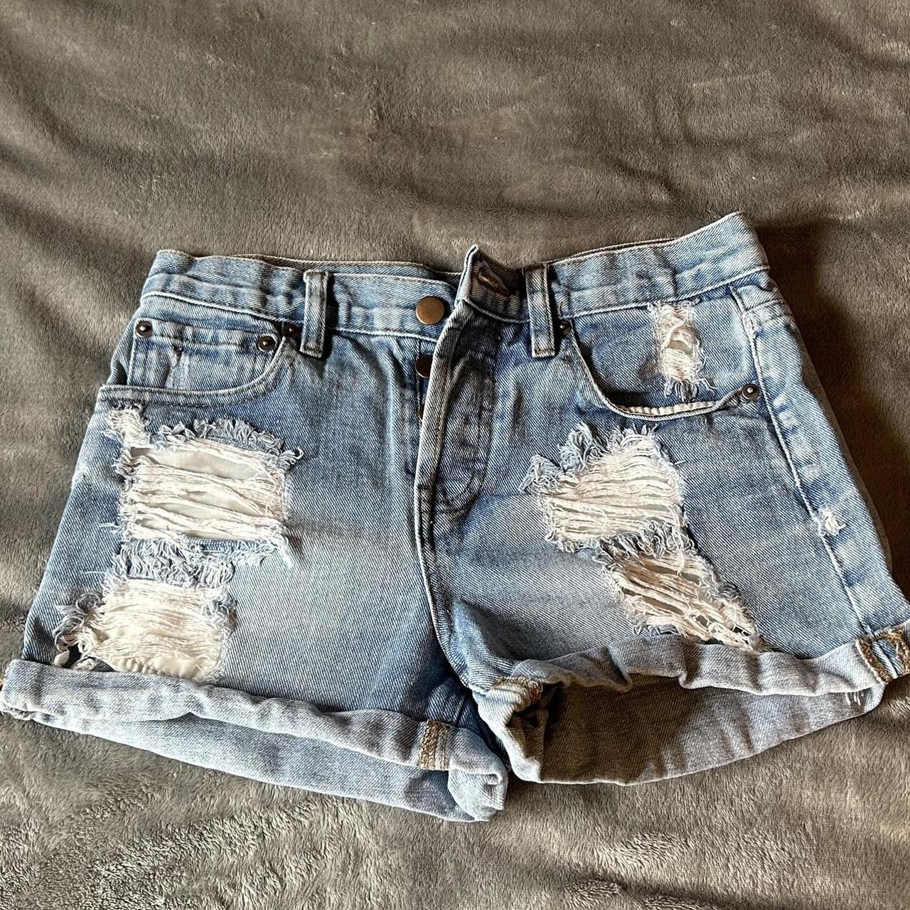 Blue ripped jean shorts. Highwaisted. Worn... - Depop