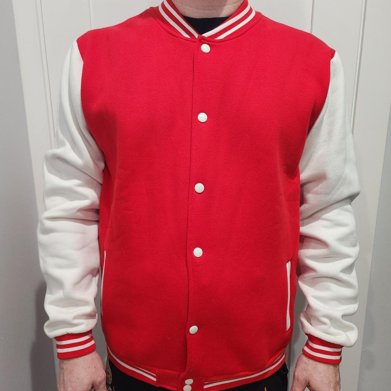 Red and white varsity jacket XL NEW WITH... - Depop