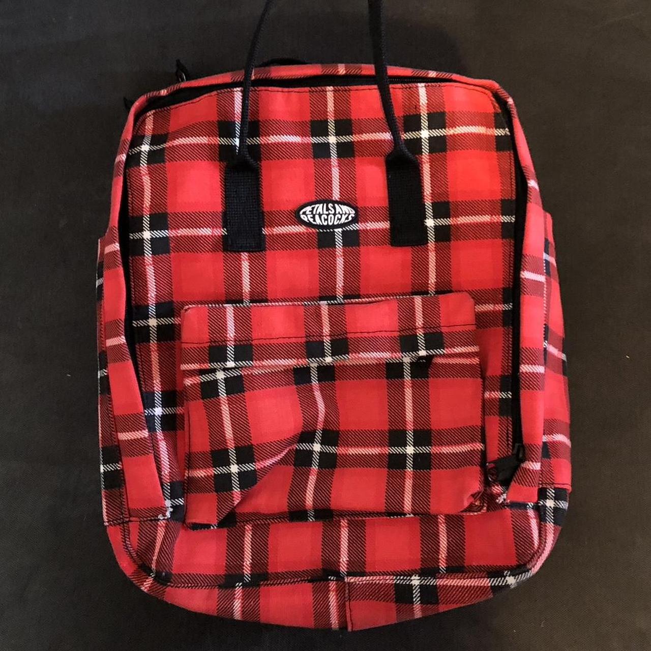 Petals and Peacocks red and black plaid backpack!... - Depop