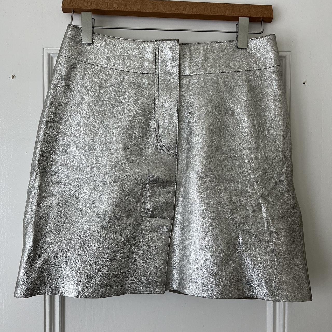 Sandro silver lamé mini skirt, soft leather with... - Depop