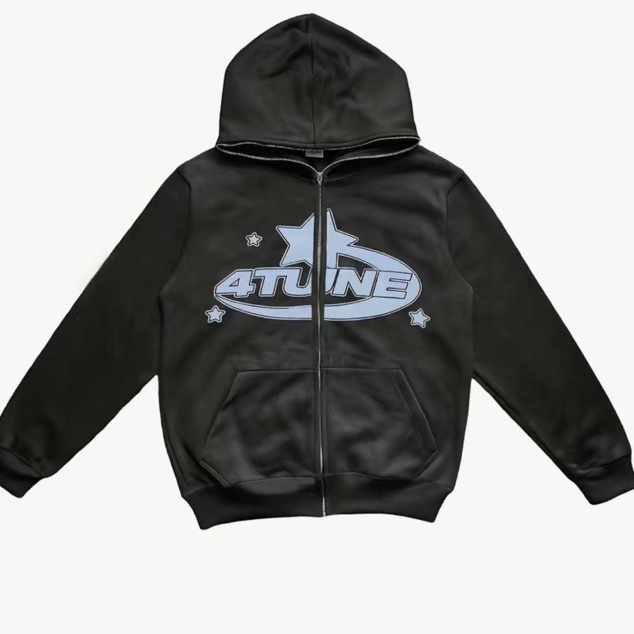 4tune Hoodie Black Light blue text #y2k #hoodie... - Depop