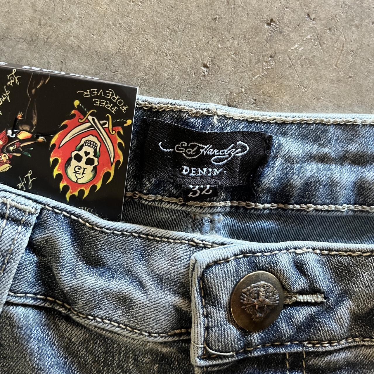 Y2K 2000s flared Ed hardy blue jeans Sz 32 women’s ... - Depop