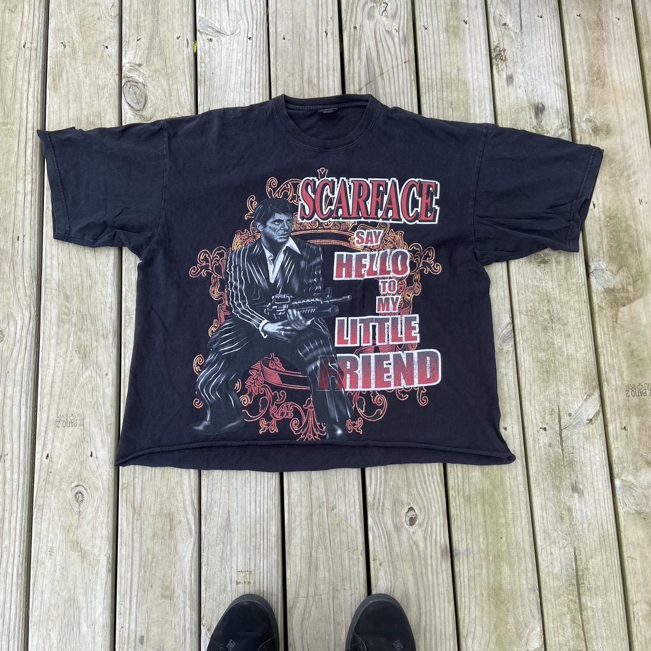 SCARFACE CROPPED GRAPIC TEE WITH RED SPARKLE... - Depop