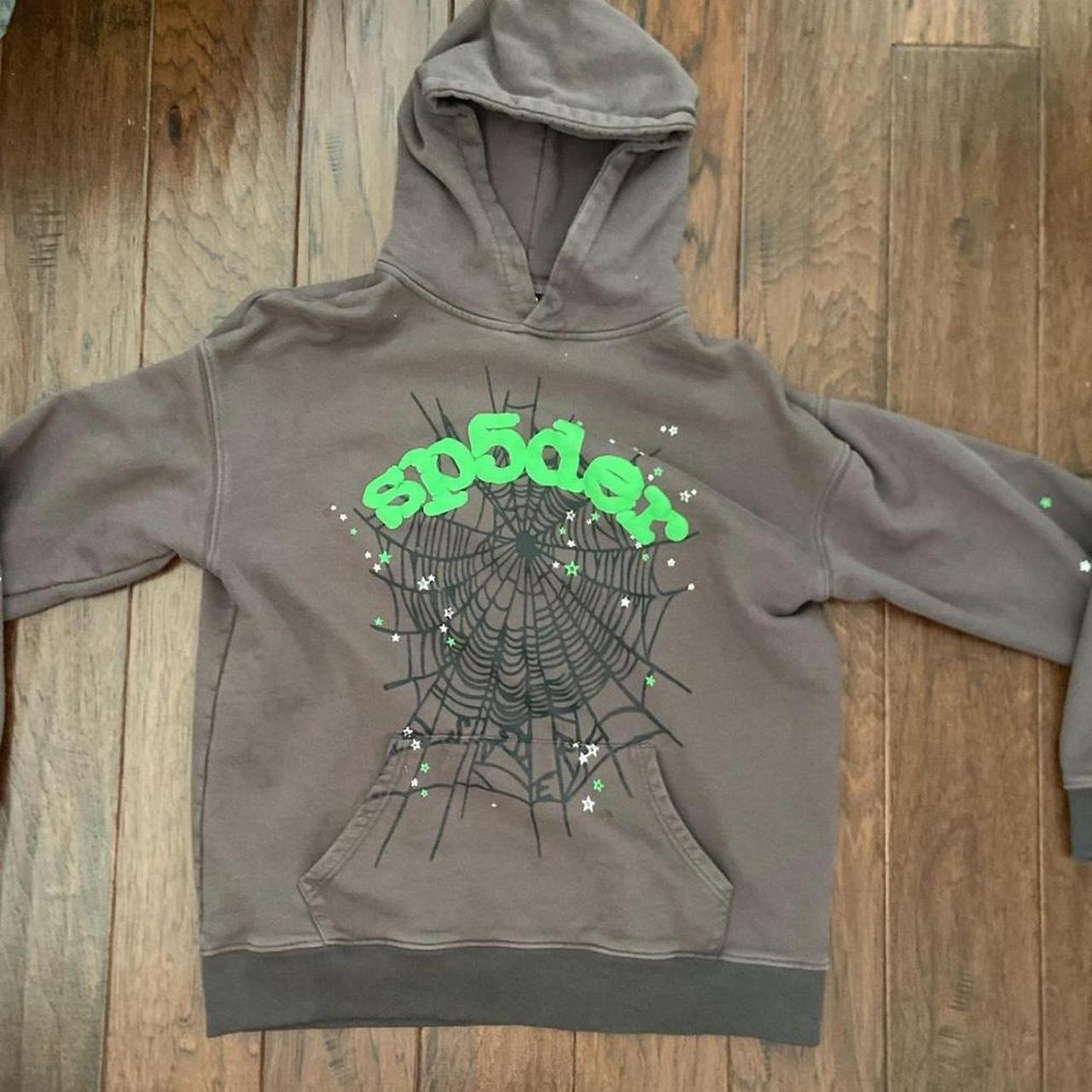 green and grey sp5der hoodie perfect condition... - Depop
