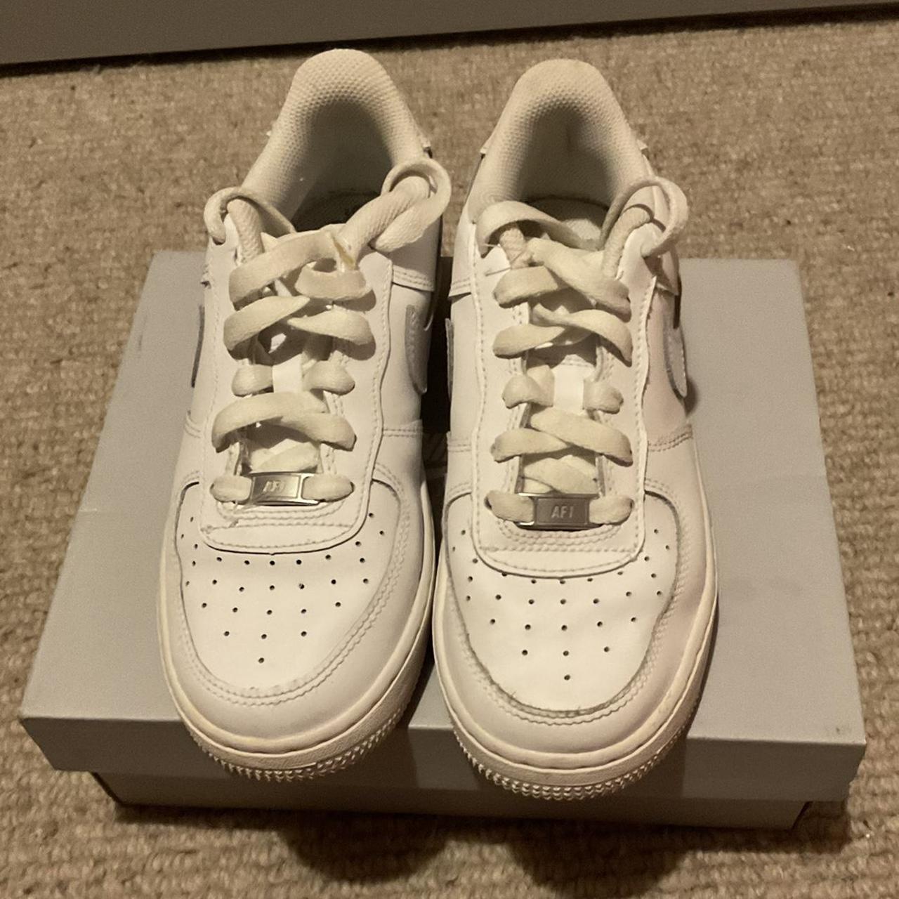 All white Nike Air Force 1s. Size: 4 Good condition... - Depop