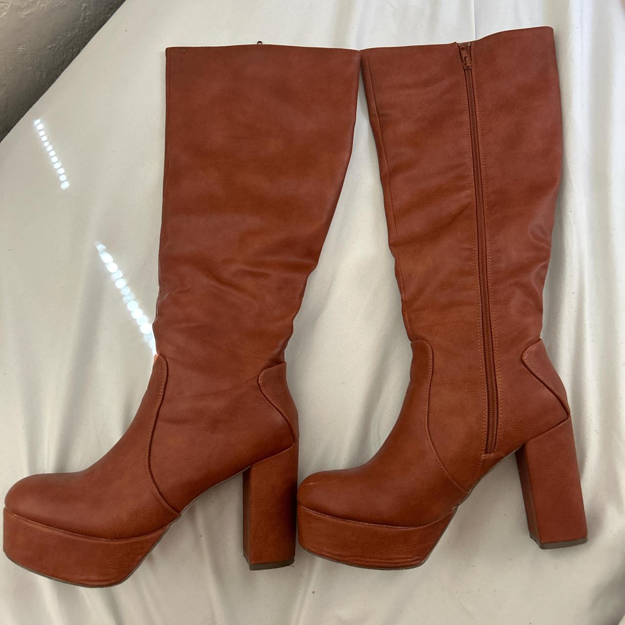 Brown and tan platform boots with a chunky heel... - Depop