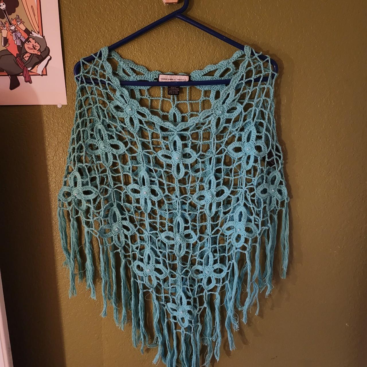Vintage crocheted teal poncho. The centers of each... - Depop