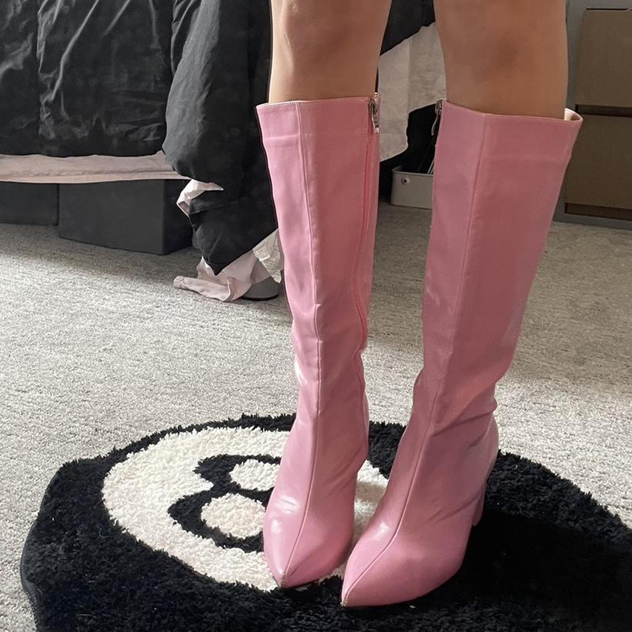 CUTEST faux leather knee-high pink boots Worn... | Depop