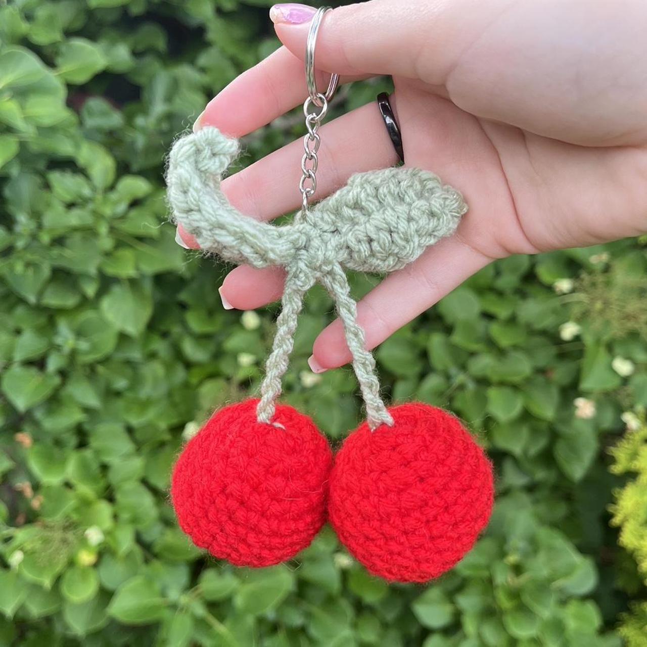 Crochet cherry keychain in green and red handmade... - Depop