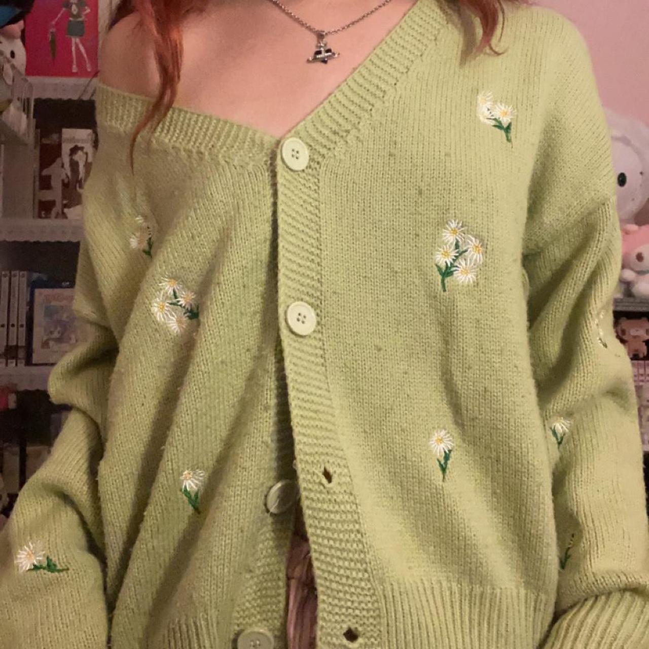 Green cottage core cardigan with flowers Size small - Depop