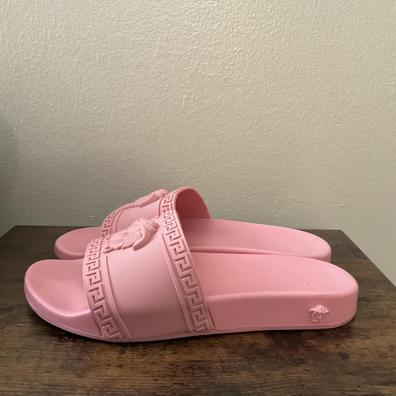Light Pink Slides with Medusa head on Front Size... - Depop