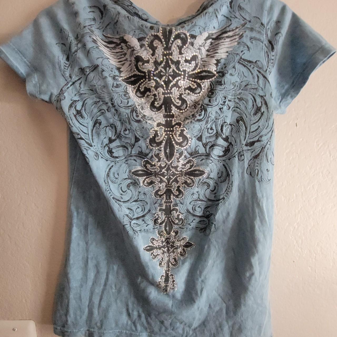Light blue affliction like cross shirt w/... - Depop