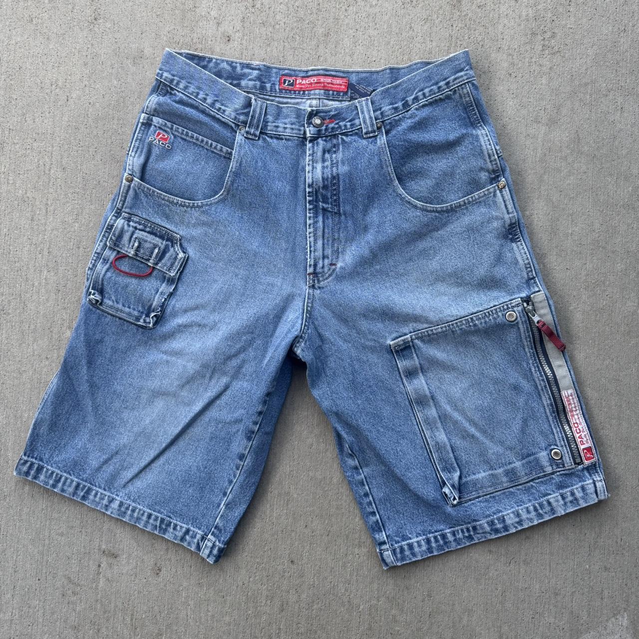 vintage 90s Paco blue denim jort short. unique cargo... - Depop