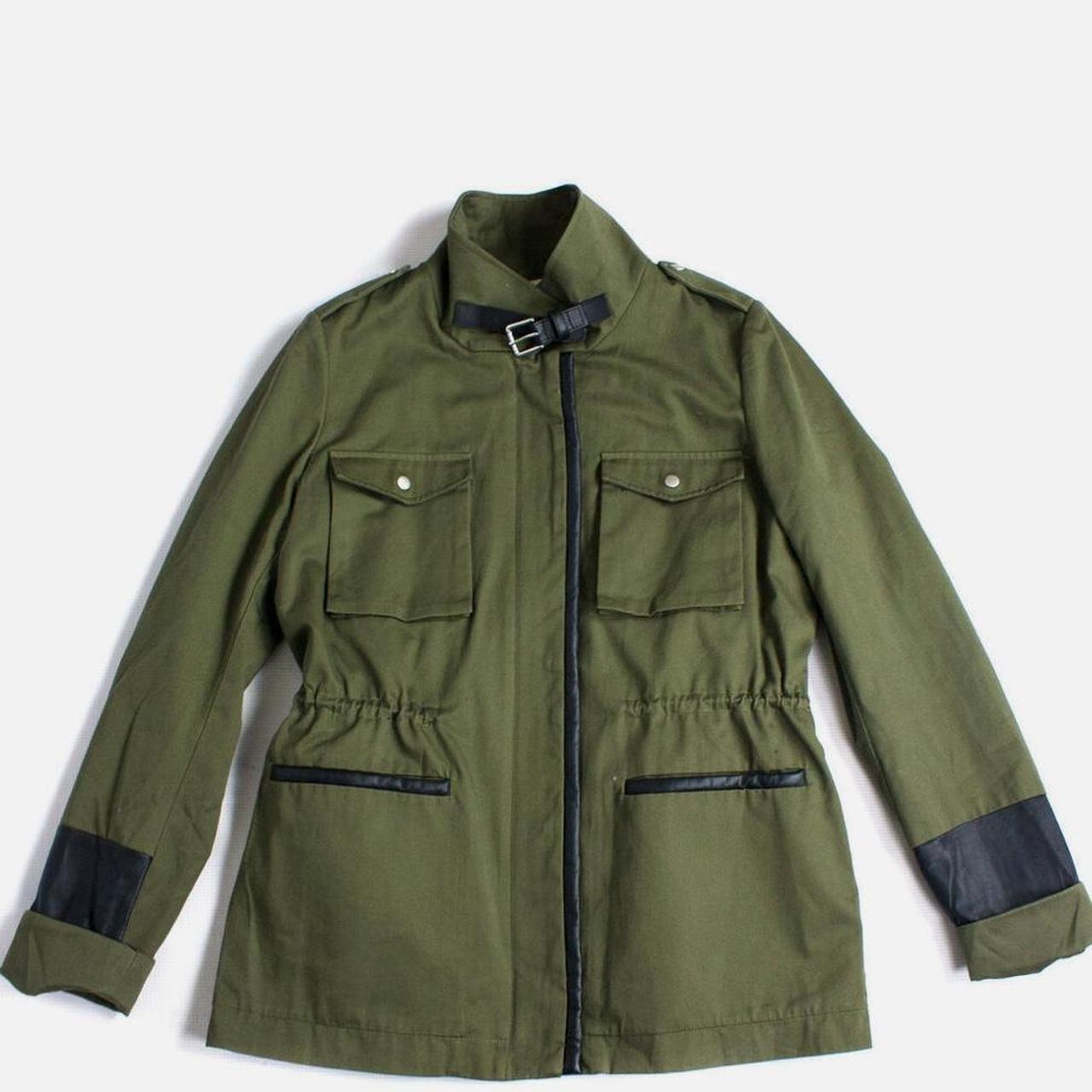 Maje -Green military style jacket with black leather... - Depop
