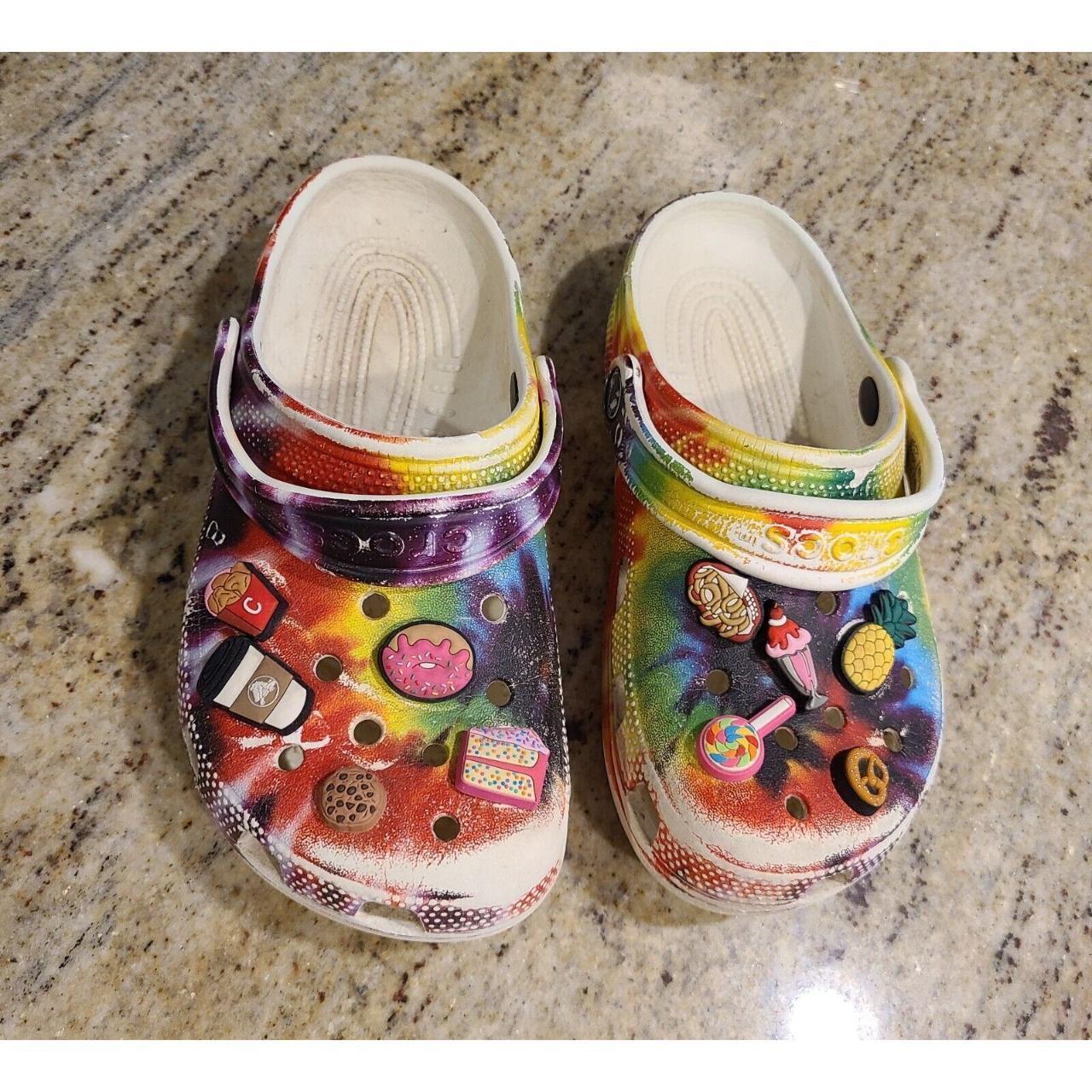 Crocs Youth Size J3 Tie Dye Rainbow Graphic Clogs... - Depop