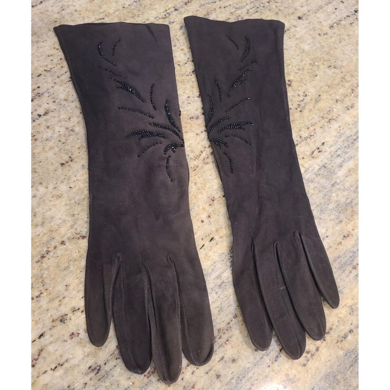 Vintage Size L Thin Suede Brown Beaded Formal 13"... - Depop