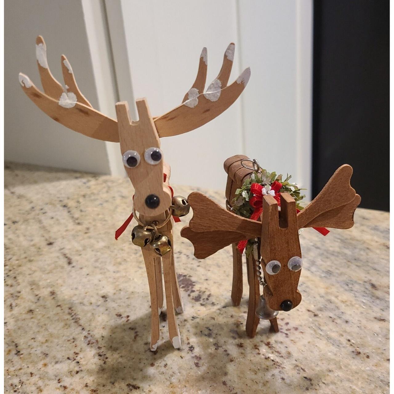 Lot of 2 Handmade Clothespin Reindeer Moose... - Depop