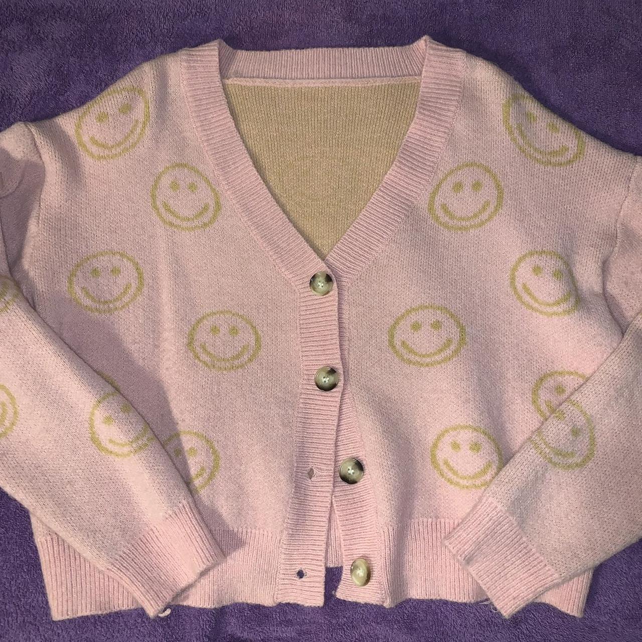 🙂 pink chunky cropped smiley face cardigan •... - Depop