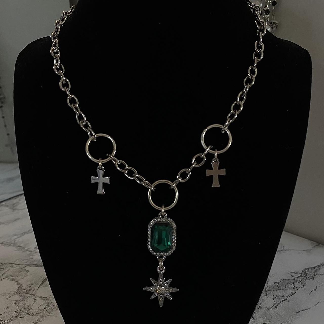 Handmade silver gothic chain emerald charm necklace.... - Depop