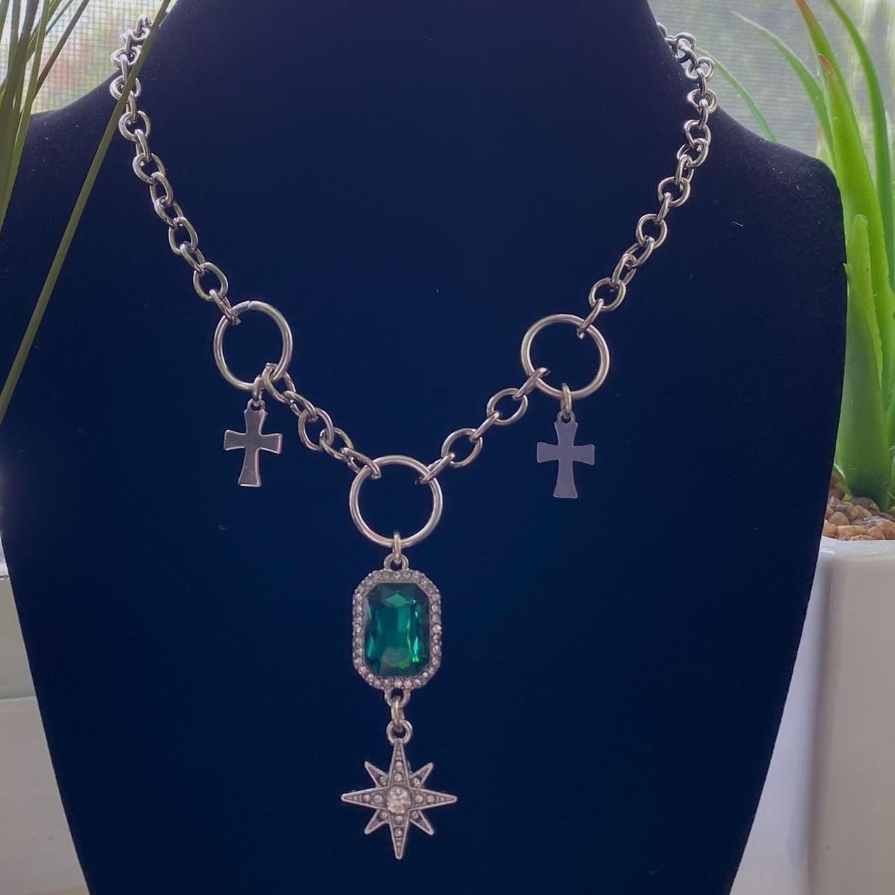 Handmade silver gothic chain emerald charm necklace.... - Depop