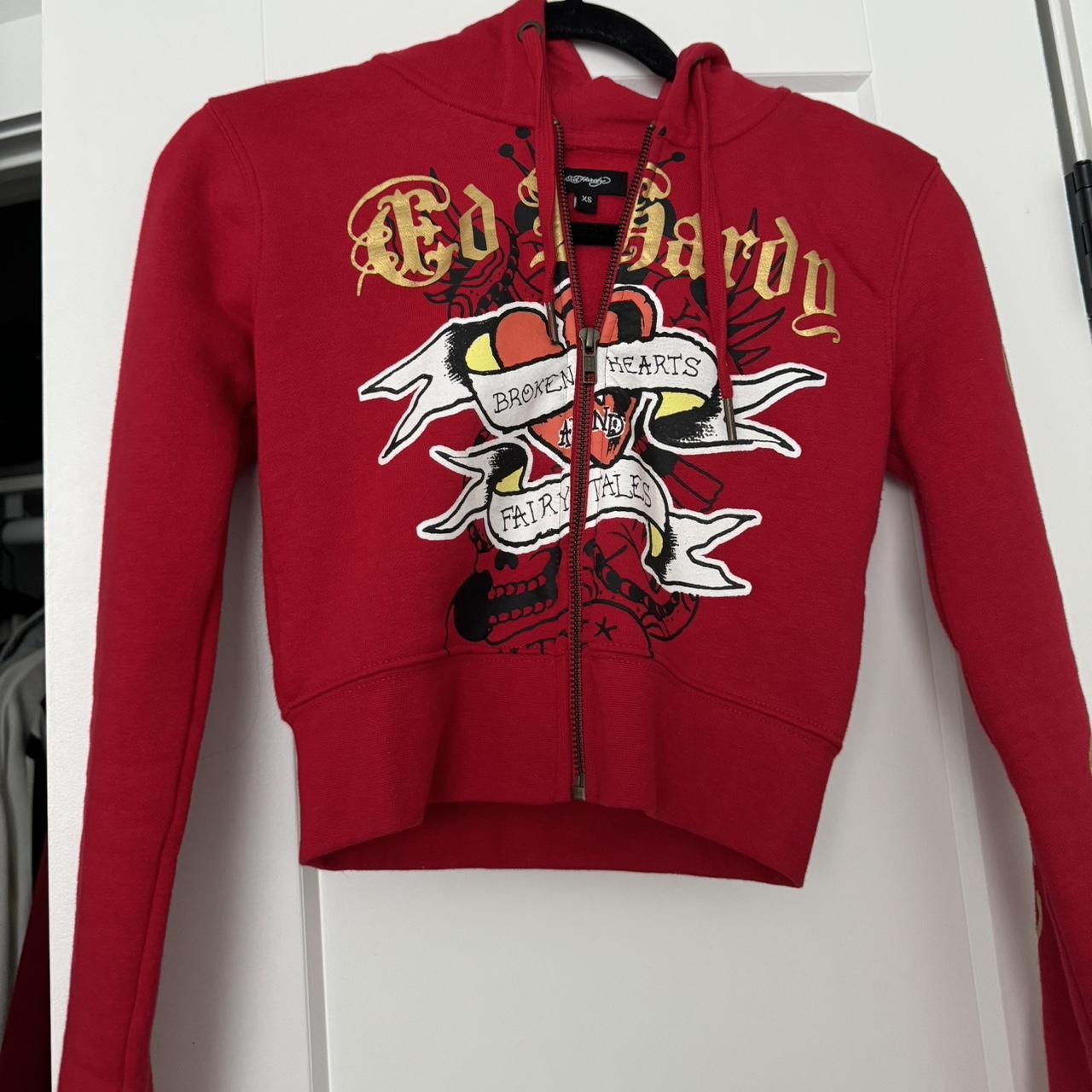 Ed Hardy red and gold zip up cropped hoodie XS - Depop