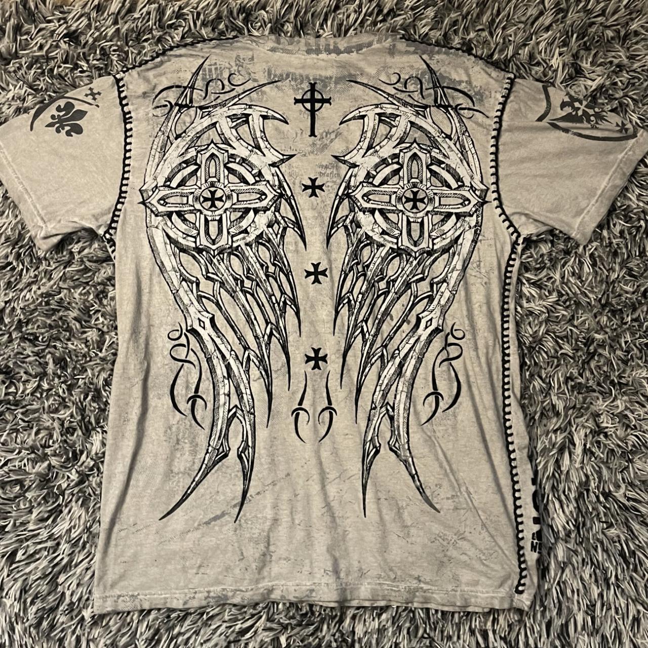 (Men/XL) Y2K Affliction Cross/Wings Shirt - v neck -... - Depop