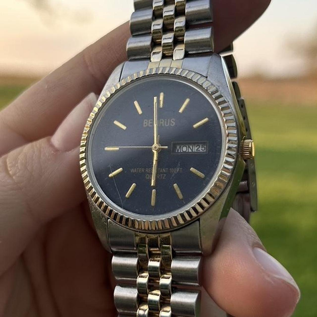 Benrus wrist watch, silver, gold, navy blue - Depop