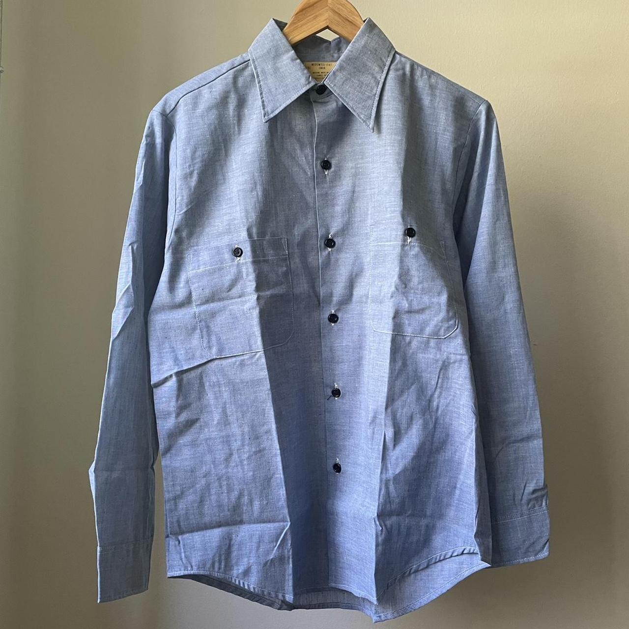 Vintage 70’s Sears Chambray Shirt Blue Medium Button... - Depop