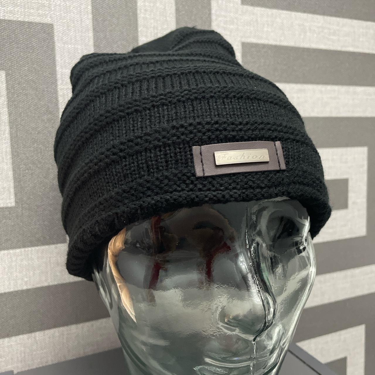 Black lined woolly winter beanie hat, black, brand... - Depop