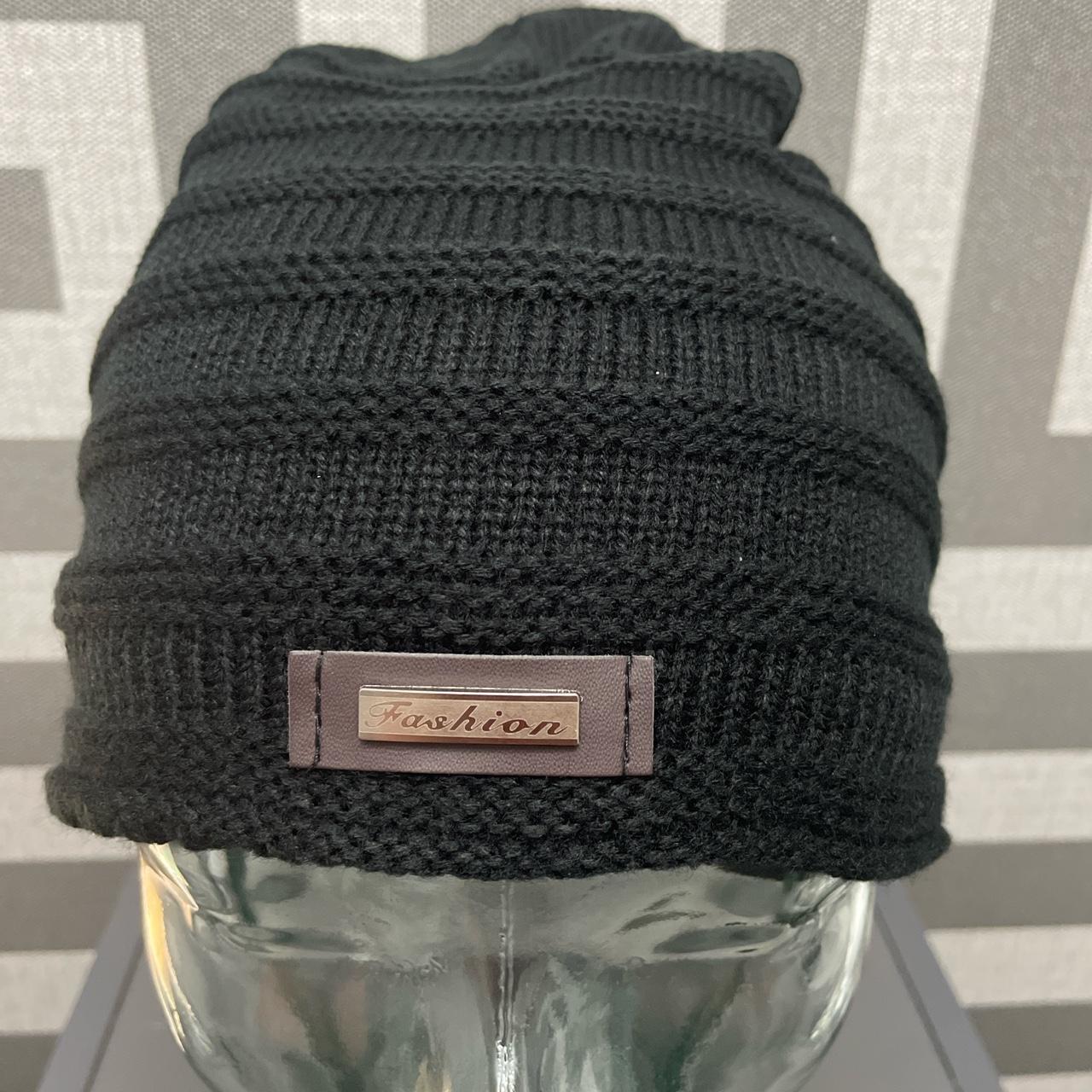Black lined woolly winter beanie hat, black, brand... - Depop