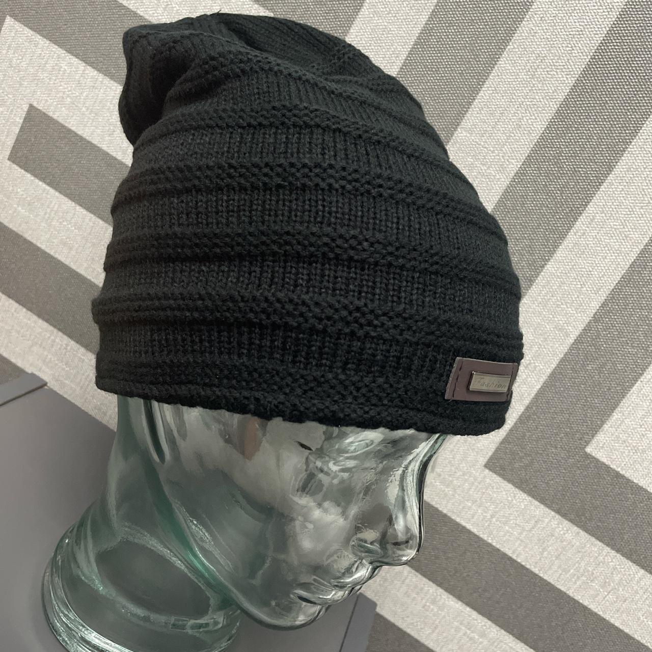 Black lined woolly winter beanie hat, black, brand... - Depop