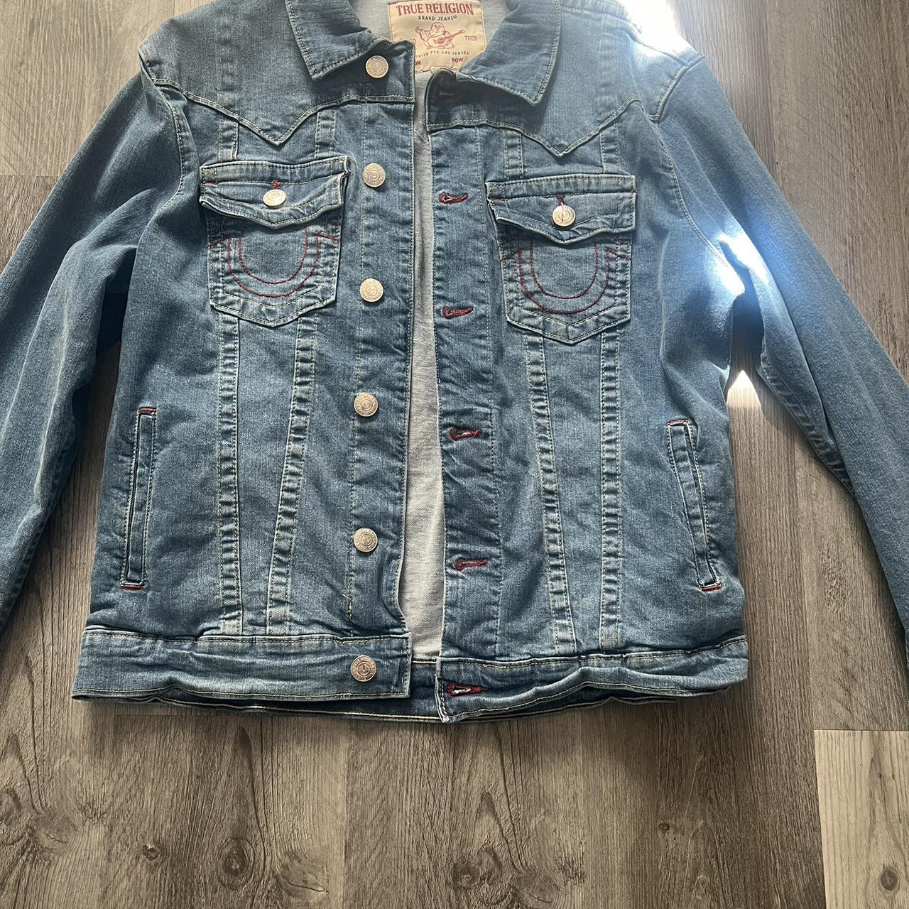 Dark blue True Religion denim jacket with red... - Depop