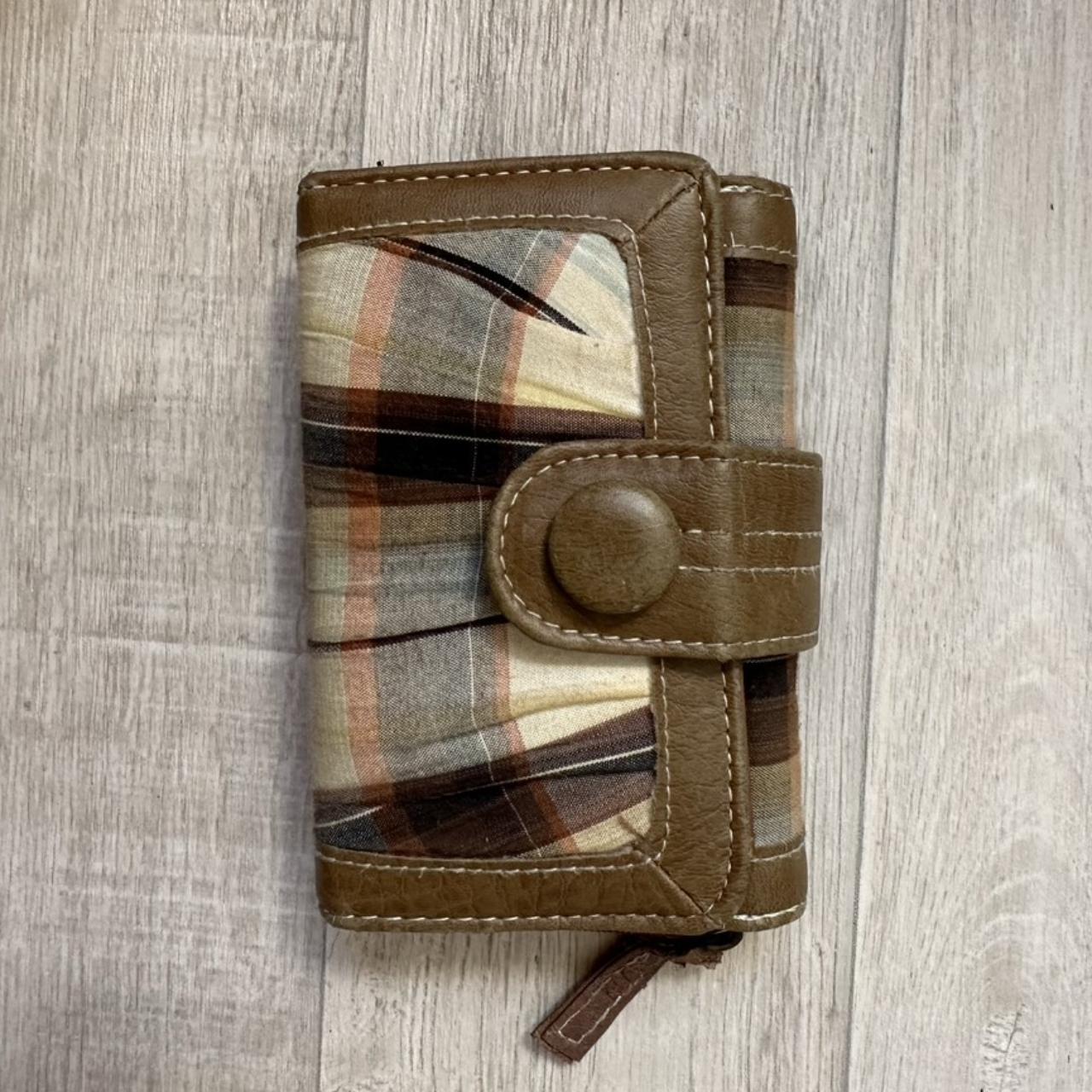 Check pattern press stud purse Brown, cream, navy... - Depop